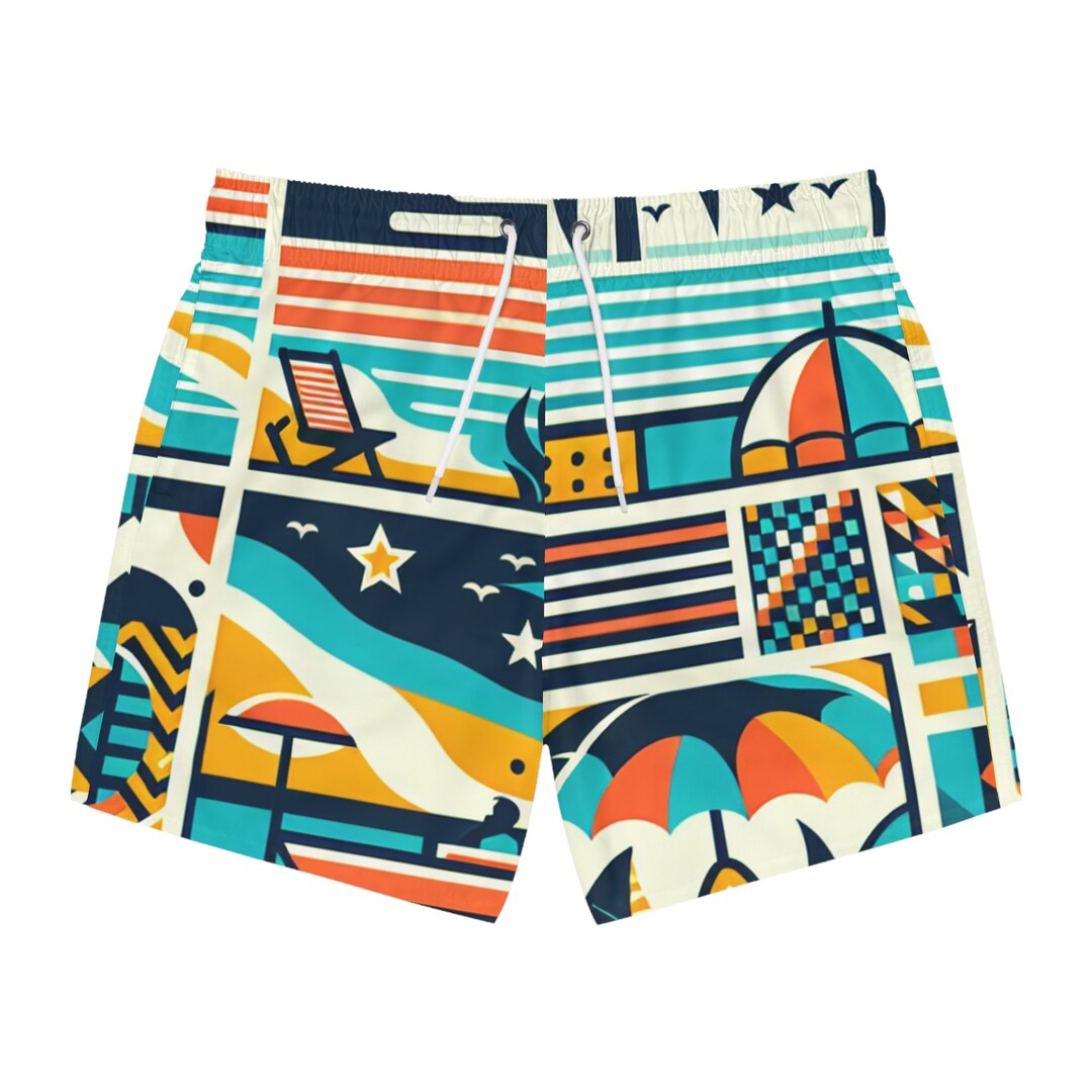 Men's Radiant Beach-themed Swim Shorts: Vibrant Vintage-inspired ...