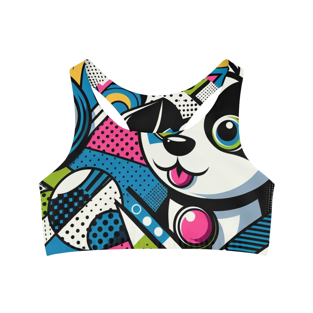 Pop Art Chic Dog Pattern Sports Bra Vibrant, Trendy Workout Wear for ...