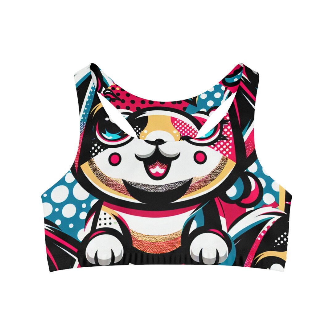 Vibrant Kawaii Dog Pop Art Sports Bra for Women Abstract Patterned Gift ...