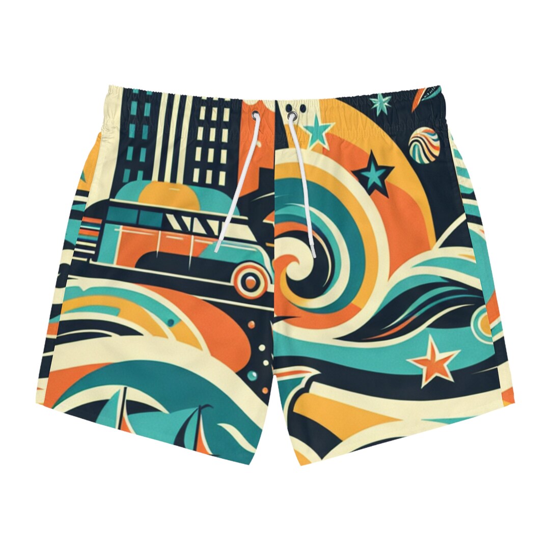 Retro Beach Scene Men's Swim Shorts Vibrant & Playful Pattern in ...