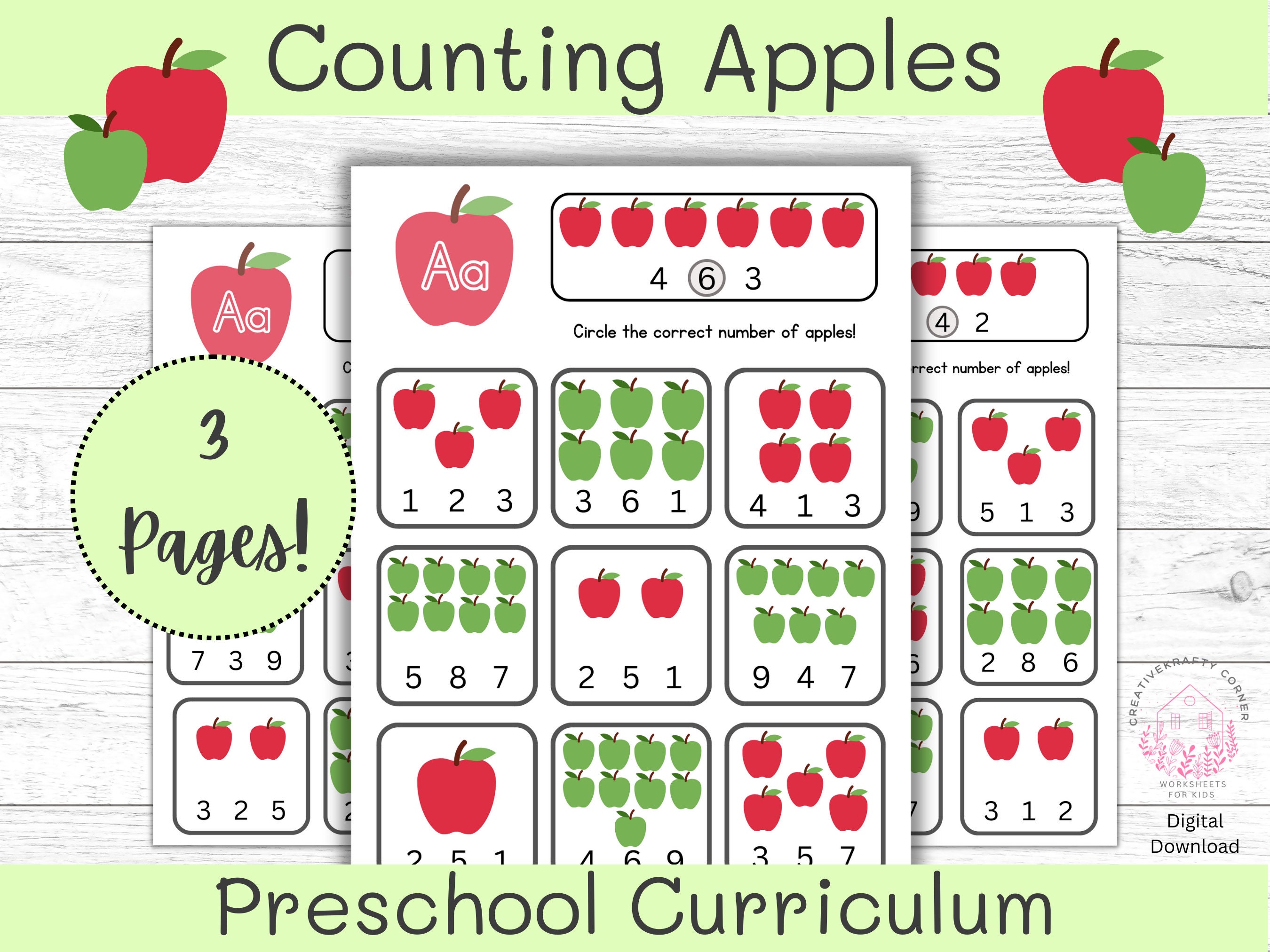 Apple Counting Worksheets, Preschool Worksheets, Curriculum for Kids ...