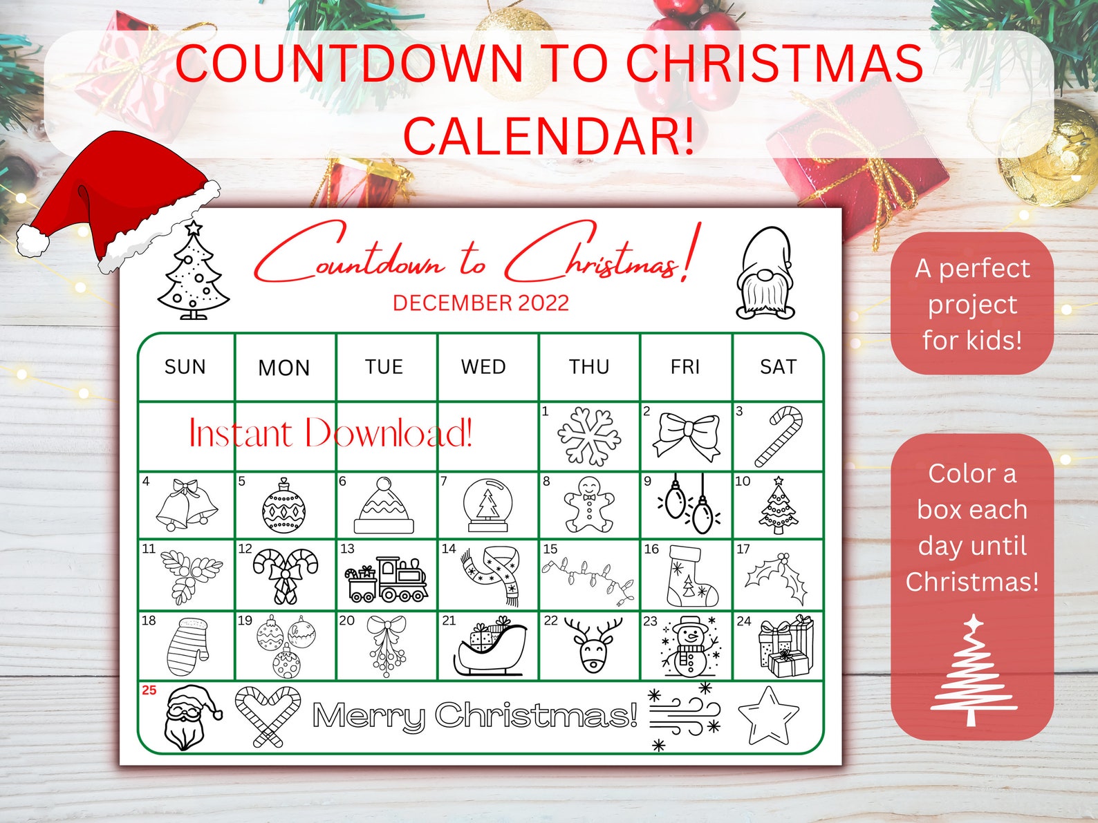 Christmas Countdown Calendar for Kids Coloring Christmas - Etsy