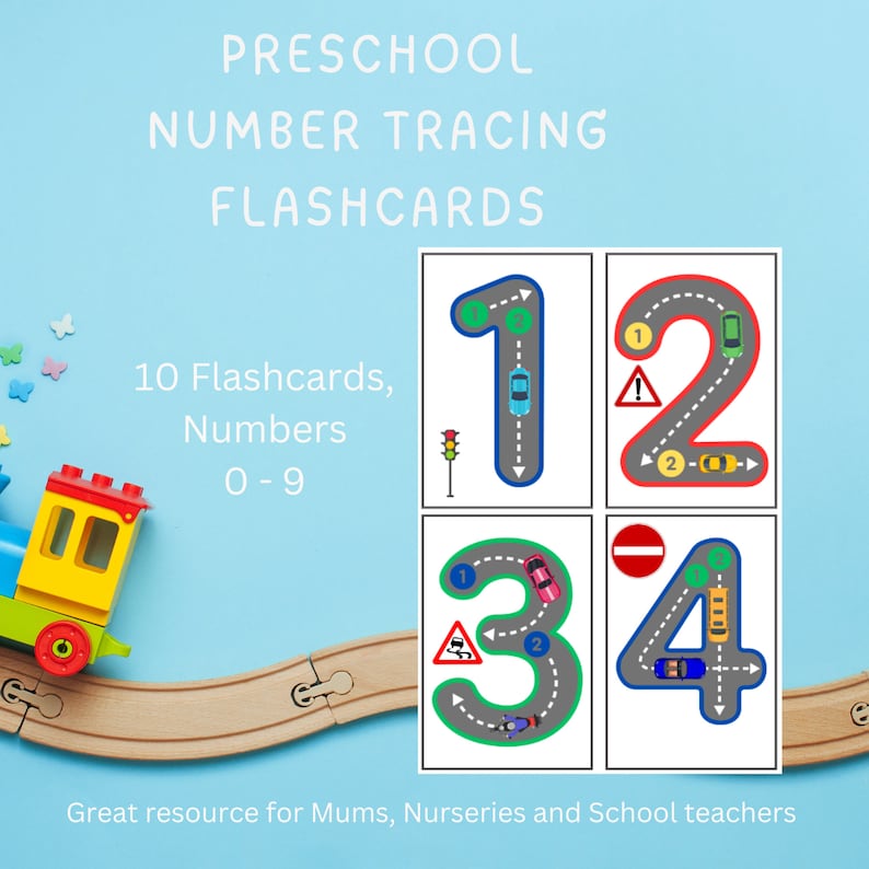 Number Tracing Flashcards Learn to Write Numbers Cars and Roads ...