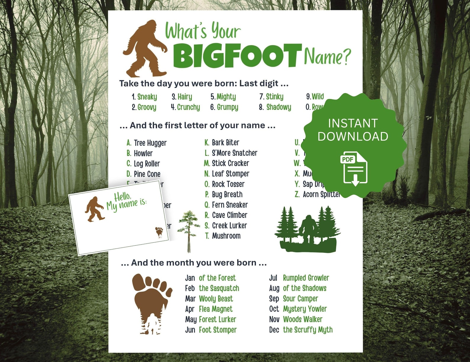 What's Your Bigfoot Name Game + Name Tags + Sign, Bigfoot Theme ...