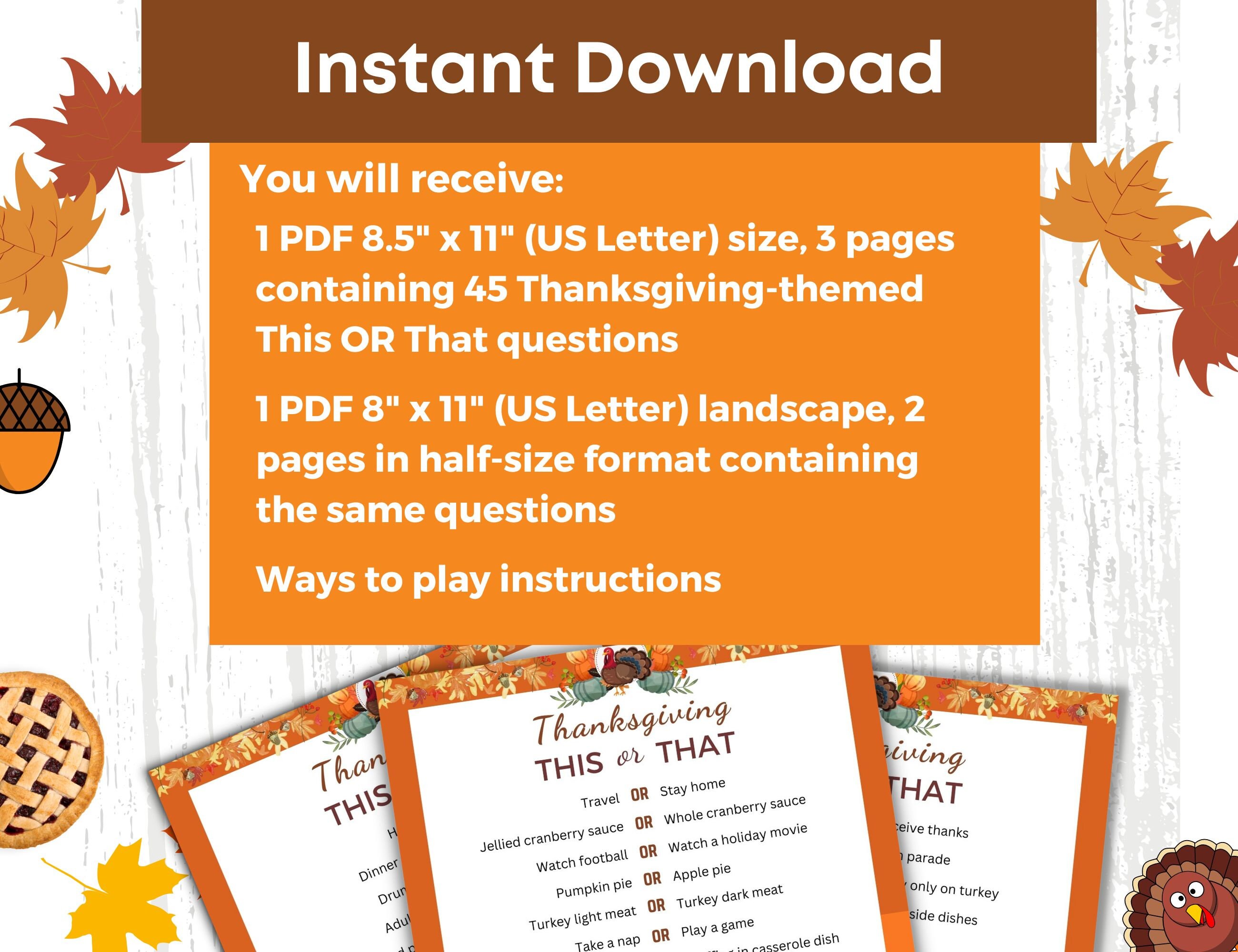 Thanksgiving Kid Adult Printable This or That Game, Turkey Day ...