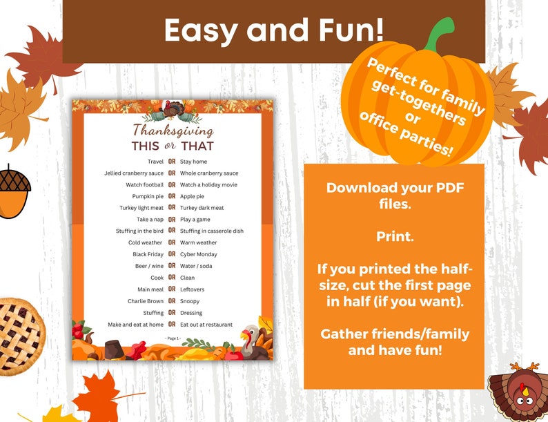 Thanksgiving Kid Adult Printable This or That Game, Turkey Day ...