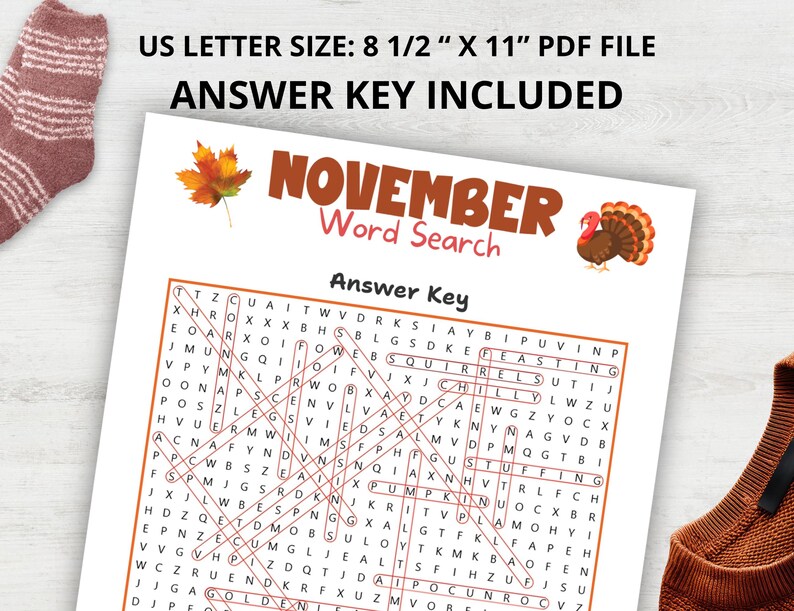 November Word Search Puzzle, Kids Adults Fall Word Find Activity ...