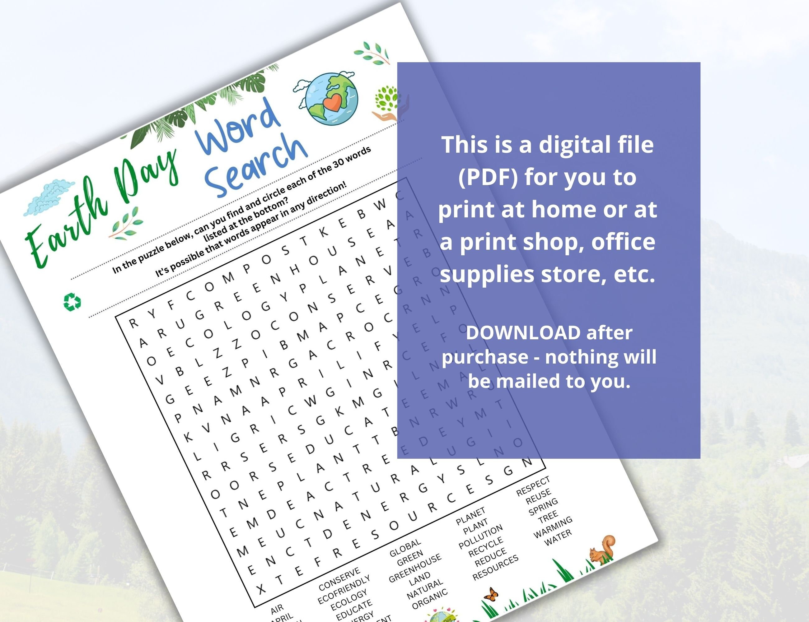 Printable Earth Day Word Search Game, Kids Colorful Illustrated US ...