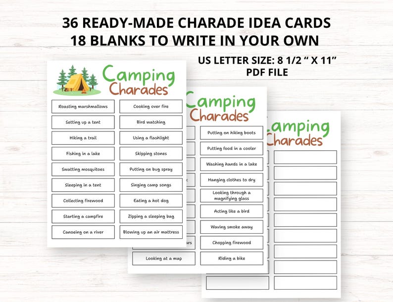 Camping Charades, Campground Activity for Kids Adult, Family Campsite ...