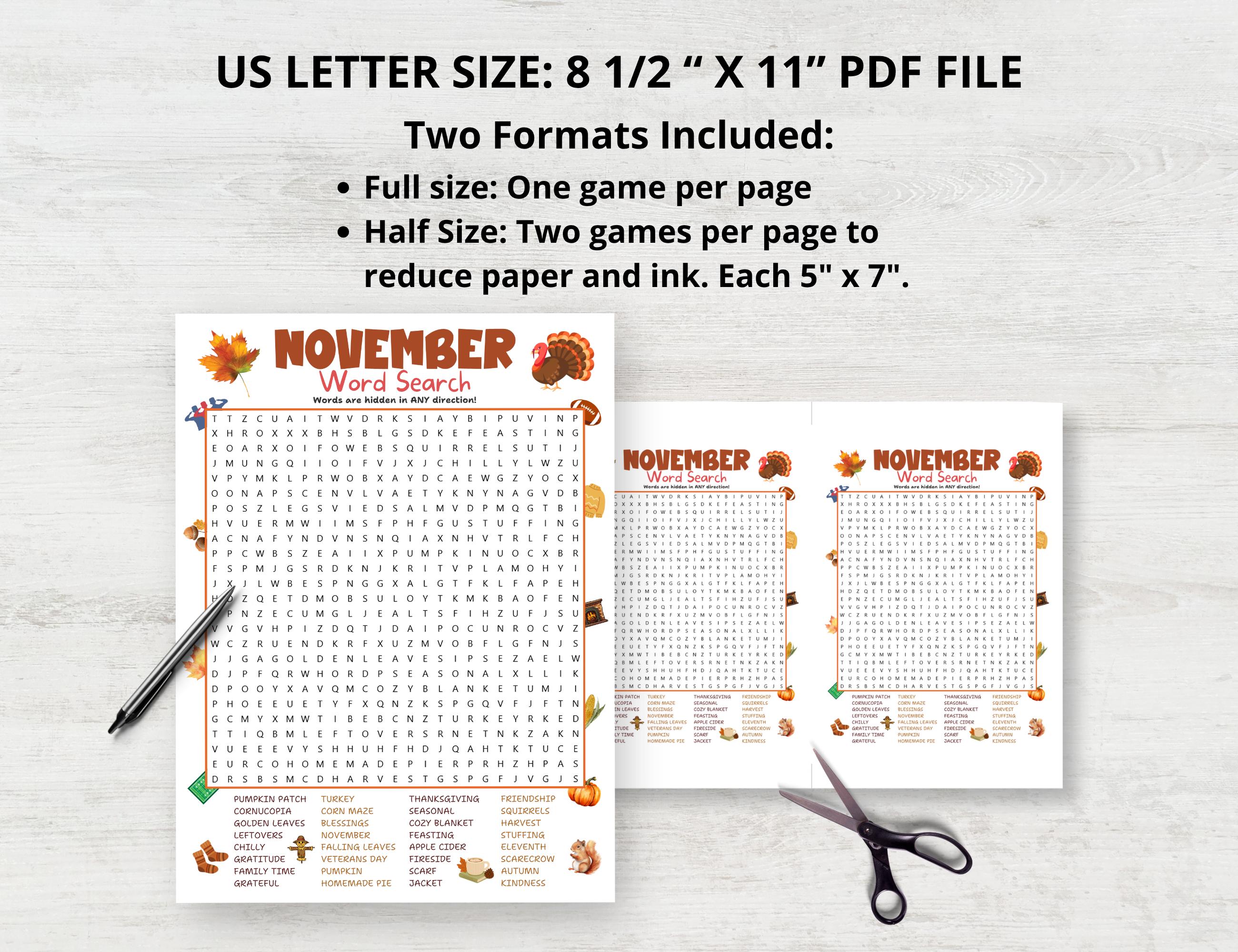 November Word Search Puzzle, Kids Adults Fall Word Find Activity ...