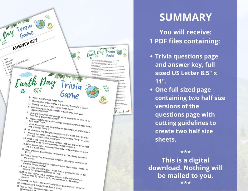 Printable Earth Day Trivia Game, Kids Colorful Questions Answers US ...