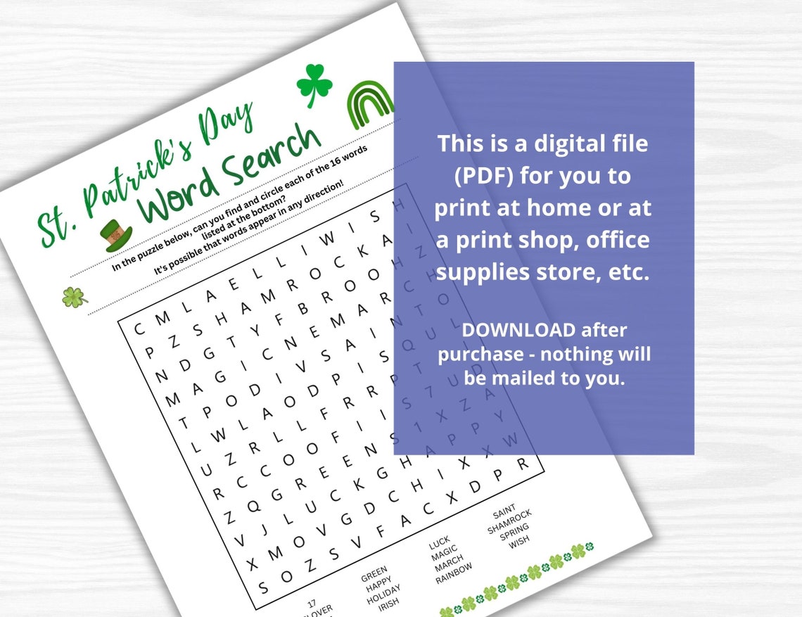 St. Patrick's Day Word Search Game Younger Kids, Kindergarten ...