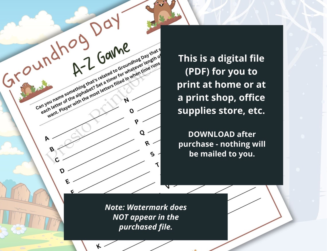 Printable Groundhog Day A to Z Alphabet Game, Classroom Homeschool ...