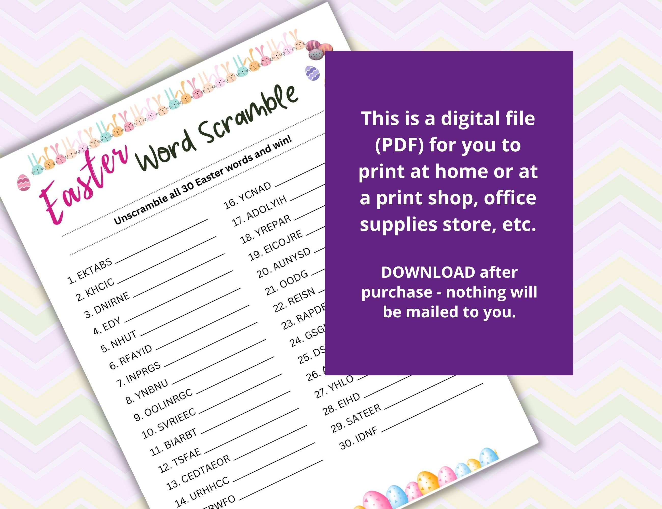 Kids Printable Easter Word Scramble Game, Simple Fun Pastel US Letter ...