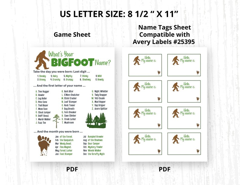 What's Your Bigfoot Name Game + Name Tags + Sign, Bigfoot Theme ...