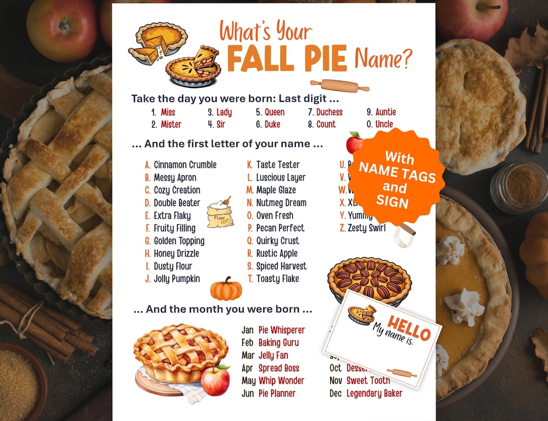 What's Your Fall Pie Name Game + Tags + Sign, Holiday Baking Game ...