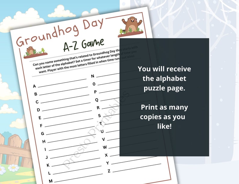 Printable Groundhog Day A to Z Alphabet Game, Classroom Homeschool ...