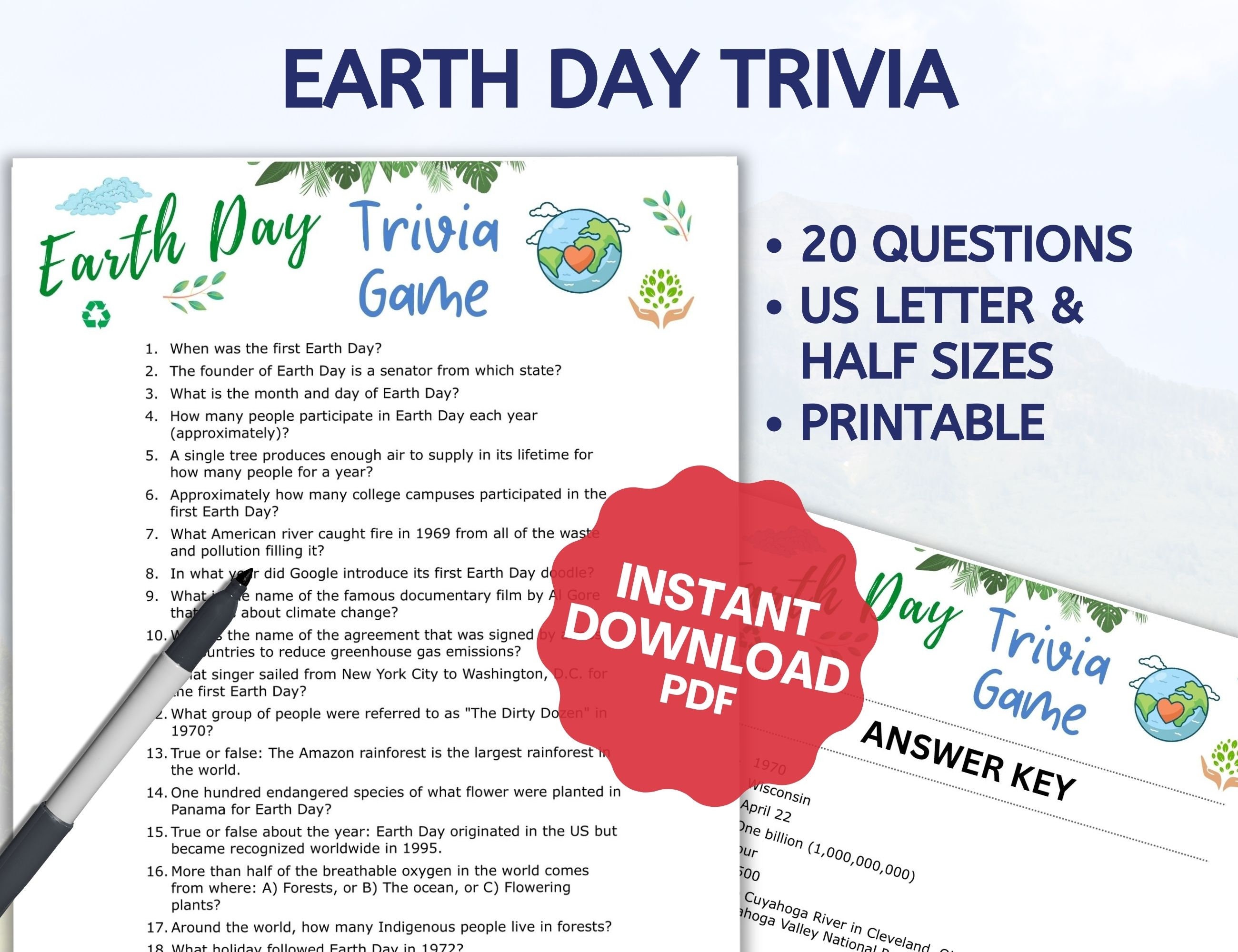 Printable Earth Day Trivia Game, Kids Colorful Questions Answers US ...