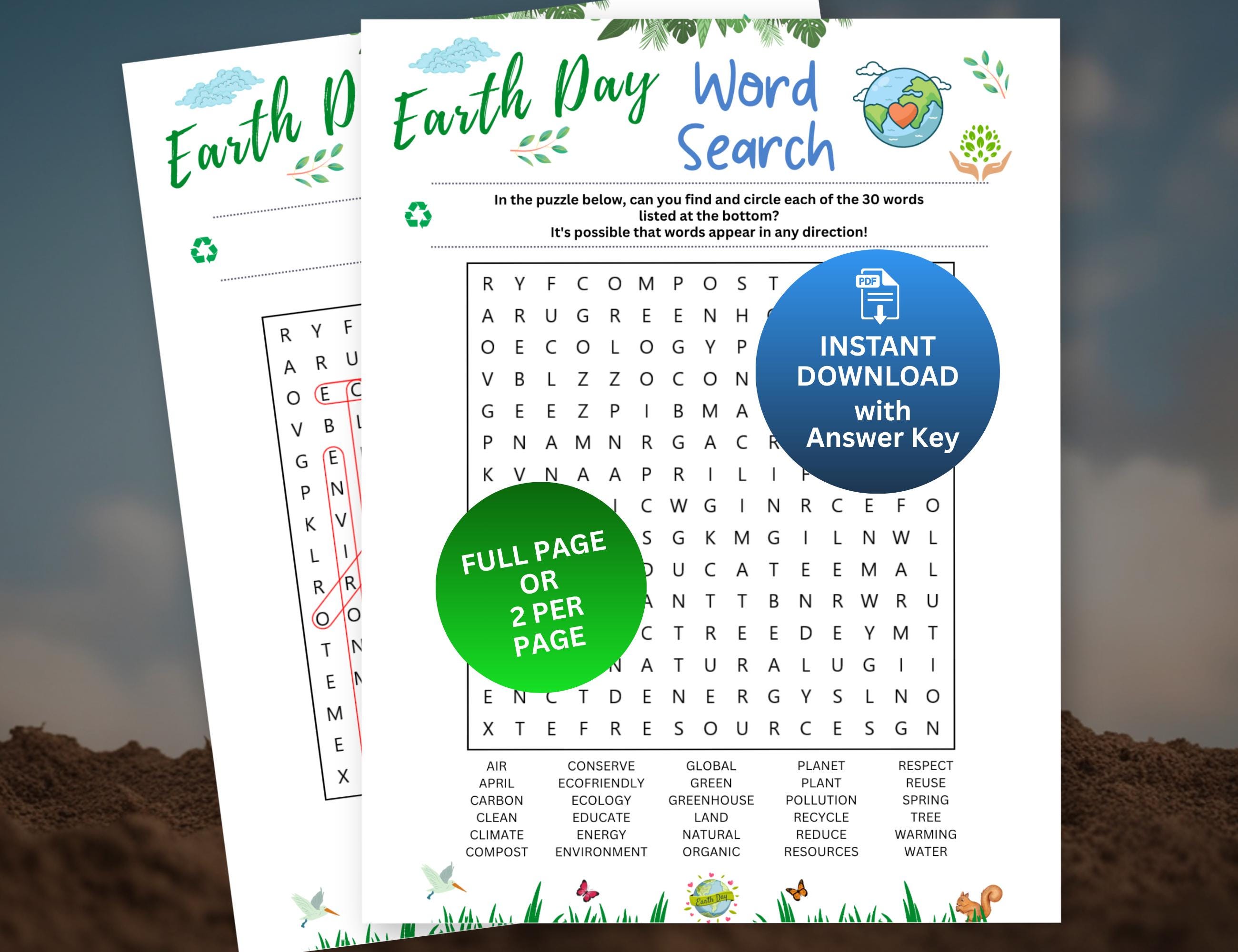 Earth Day Word Search Puzzle, Kids Tweens Teens Word Find, Classroom ...