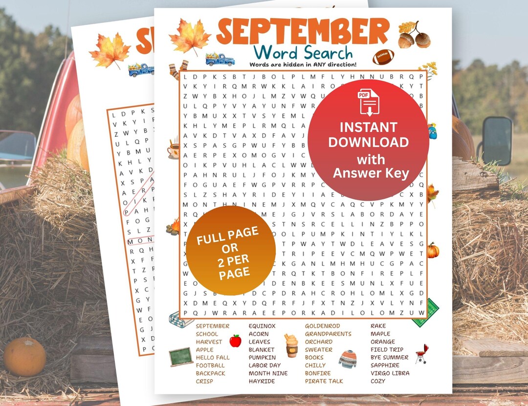 September Word Search Puzzle, Fall Word Hunt Activity for Kids Adults ...