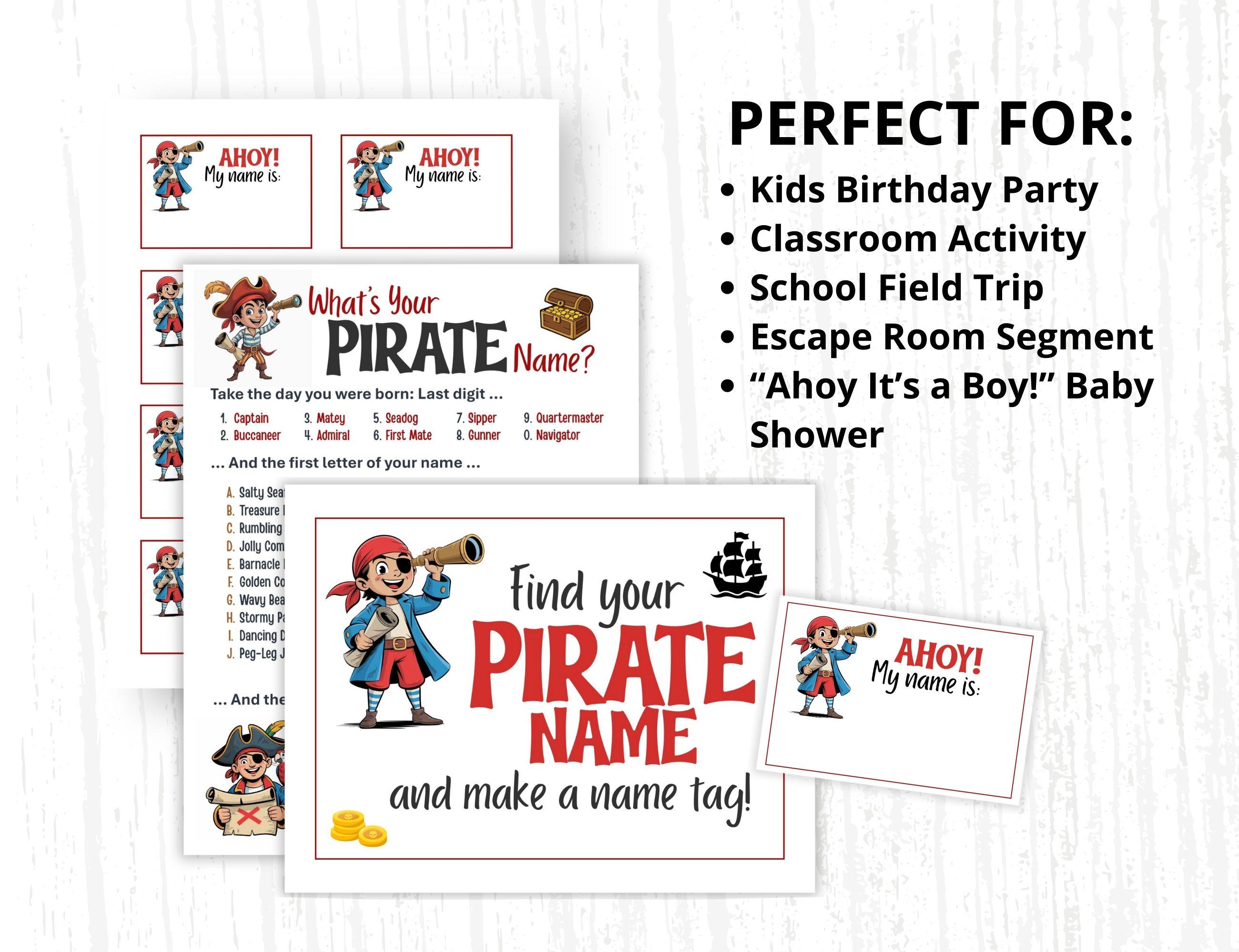 What's Your Pirate Name Game + Tags + Sign, Pirate Theme Birthday Party ...