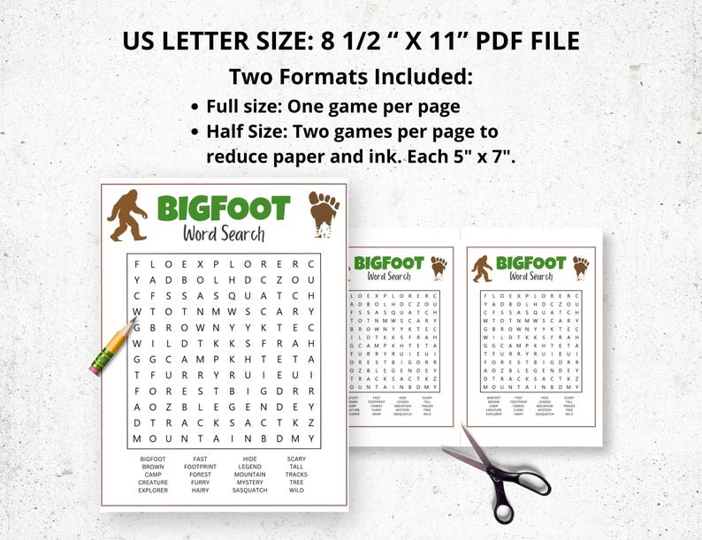 Bigfoot Word Search Game for Kids, Bigfoot Theme Birthday Party Game ...