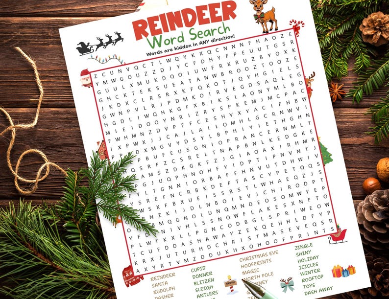 Christmas Word Search Puzzle, Reindeer Names Word Search Game, Reindeer ...