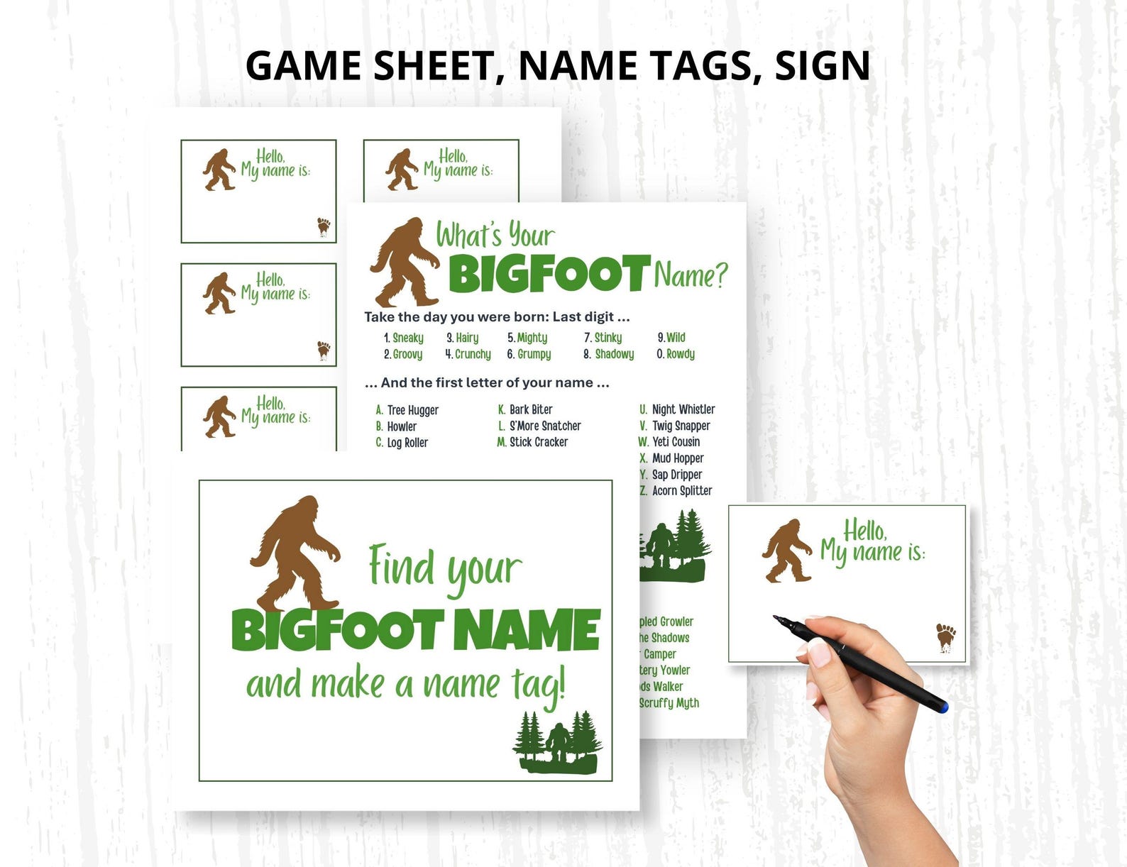What's Your Bigfoot Name Game + Name Tags + Sign, Bigfoot Theme ...