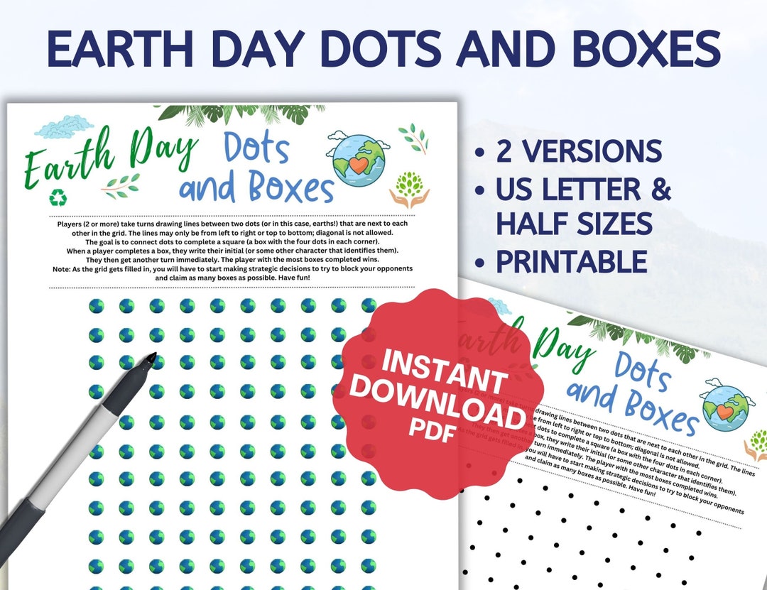 Printable Earth Day Dots and Boxes Party Game, Kids Colorful US Letter ...
