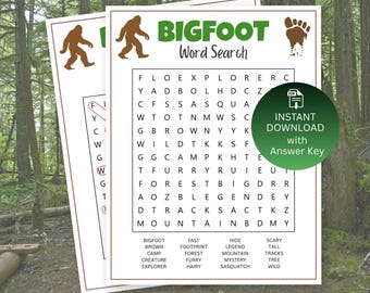 Bigfoot Word Search Game for Kids, Bigfoot Theme Birthday Party Game ...