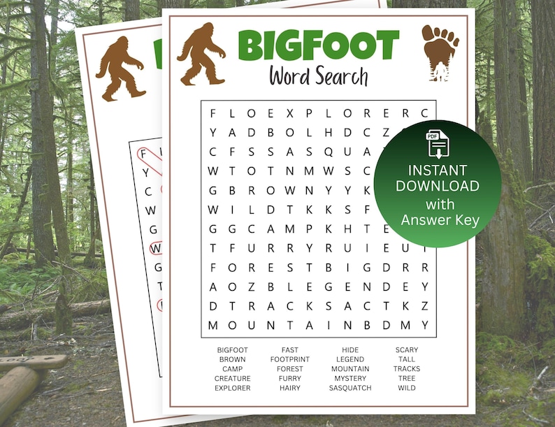 Bigfoot Word Search Game for Kids, Bigfoot Theme Birthday Party Game ...