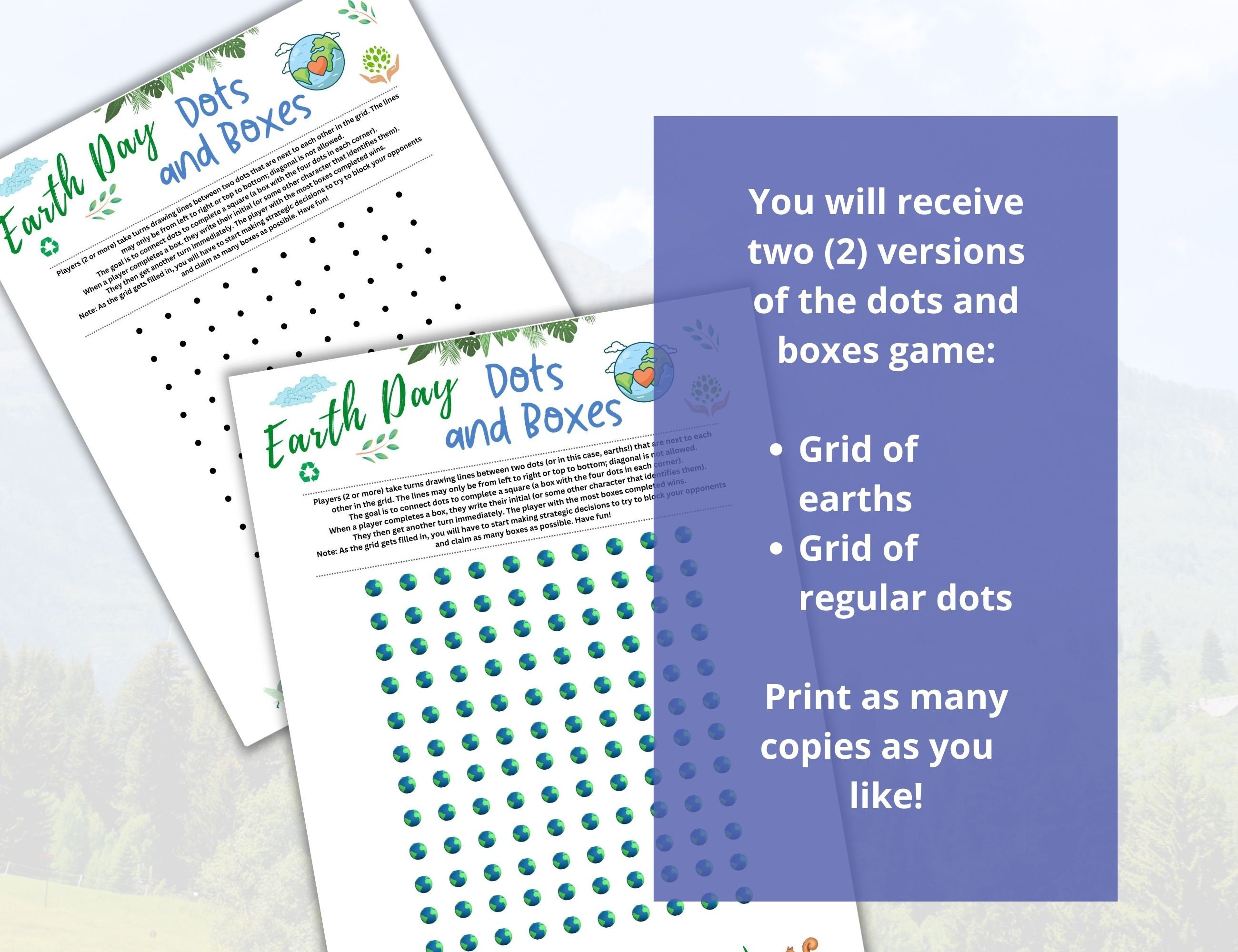 Printable Earth Day Dots and Boxes Party Game, Kids Colorful US Letter ...