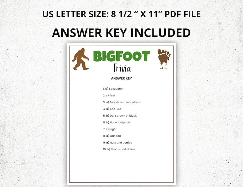 Bigfoot Trivia Game for Kids, Bigfoot Theme Birthday Party Game, Fun ...