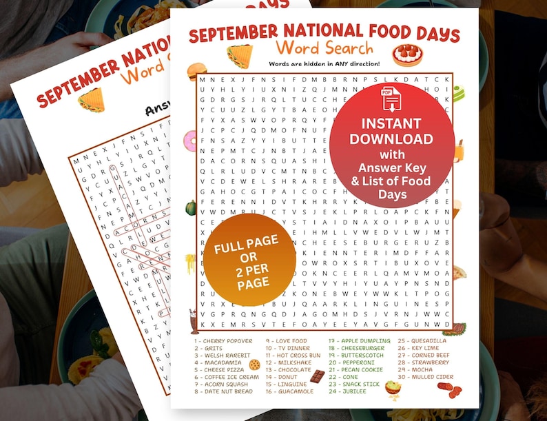 September National Food Days Word Search Puzzle, Kids Adults Fall Word ...