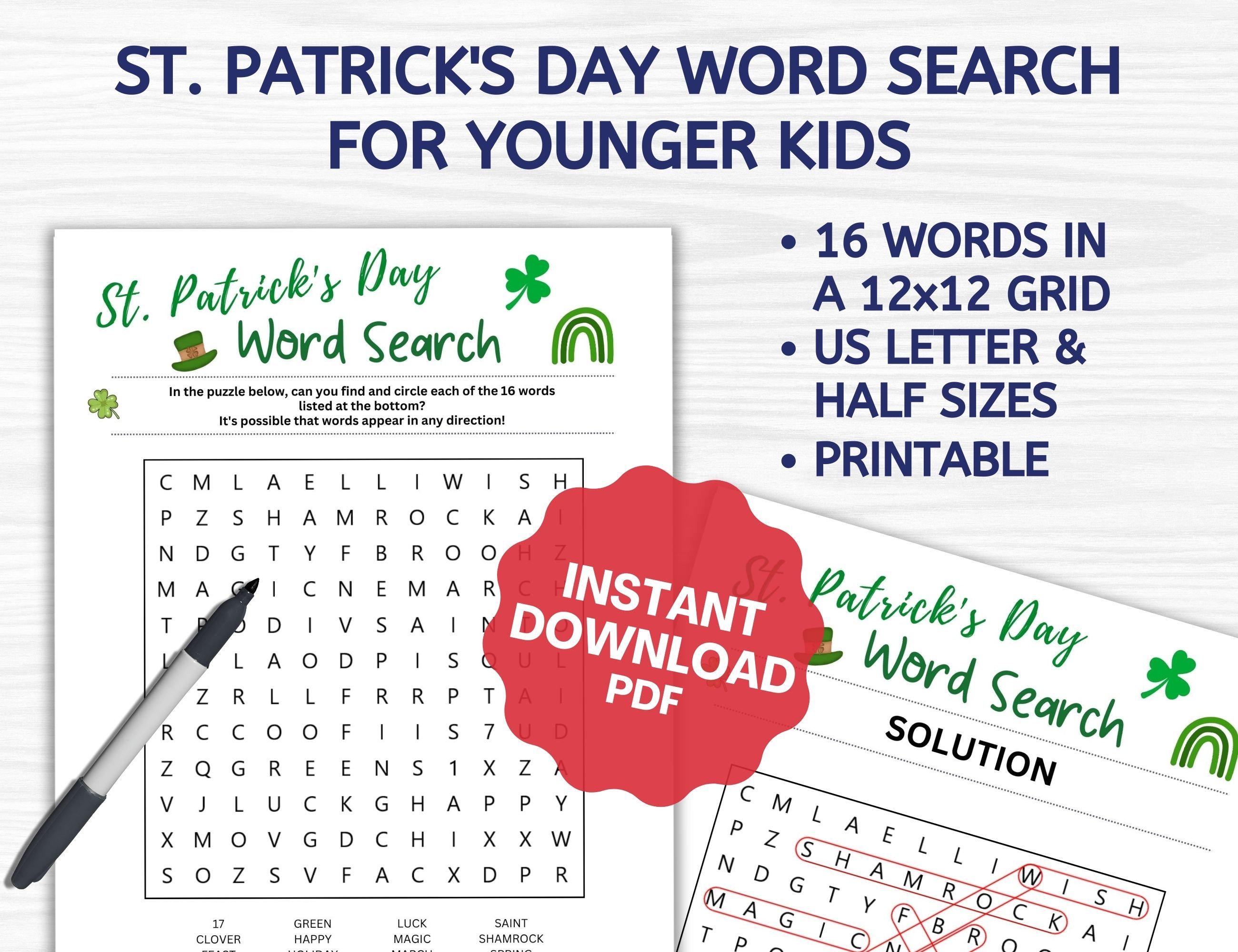 St. Patrick's Day Word Search Game Younger Kids, Themed Printable US ...