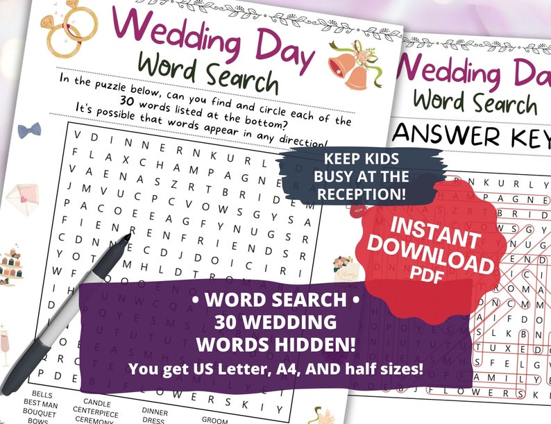 Kids Printable Find Word Search Wedding Day Game, Simple Fun US Letter ...