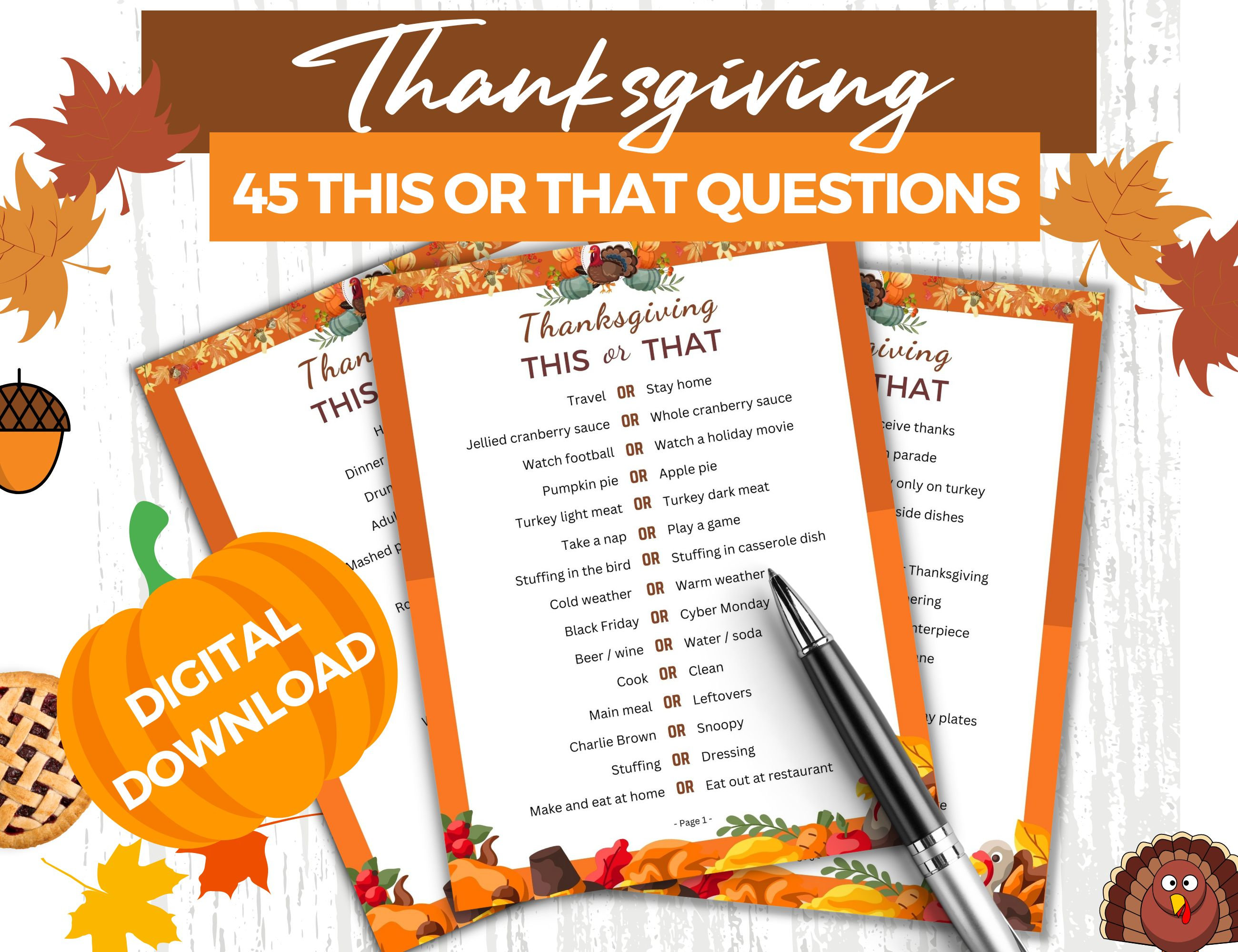 Thanksgiving Kid Adult Printable This or That Game, Turkey Day ...