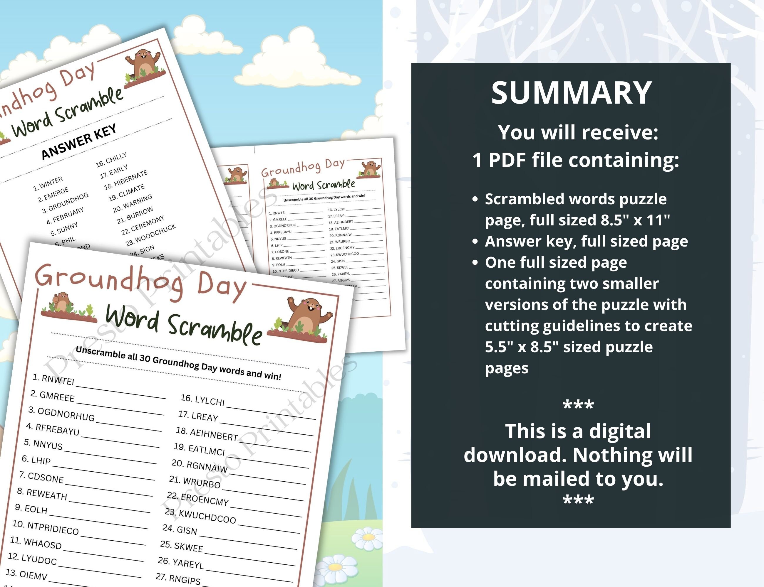 Printable Groundhog Day Word Scramble Game, Classroom Homeschool ...