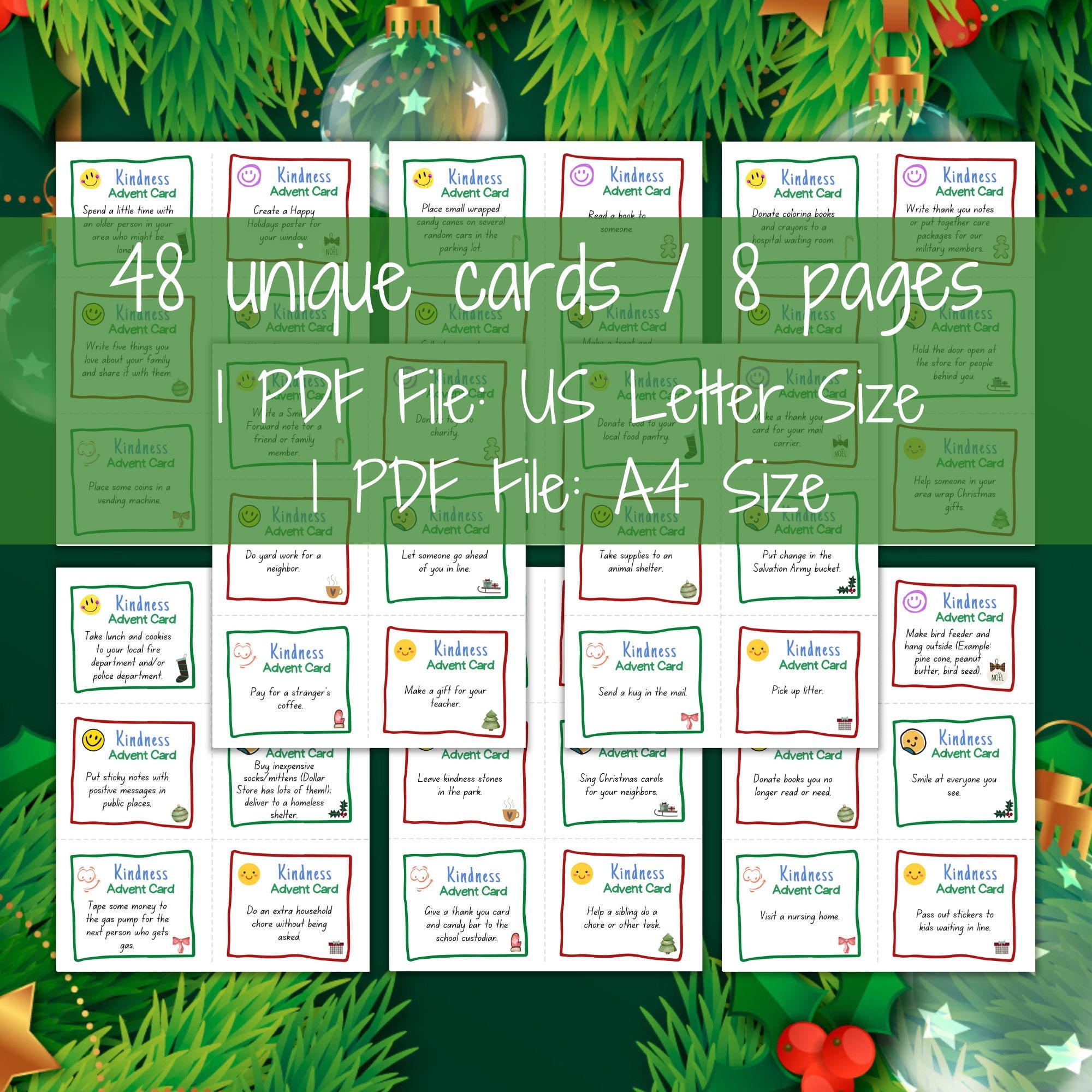 48 Kindness Advent Calendar Cards for Kids, Printable Instant Download ...