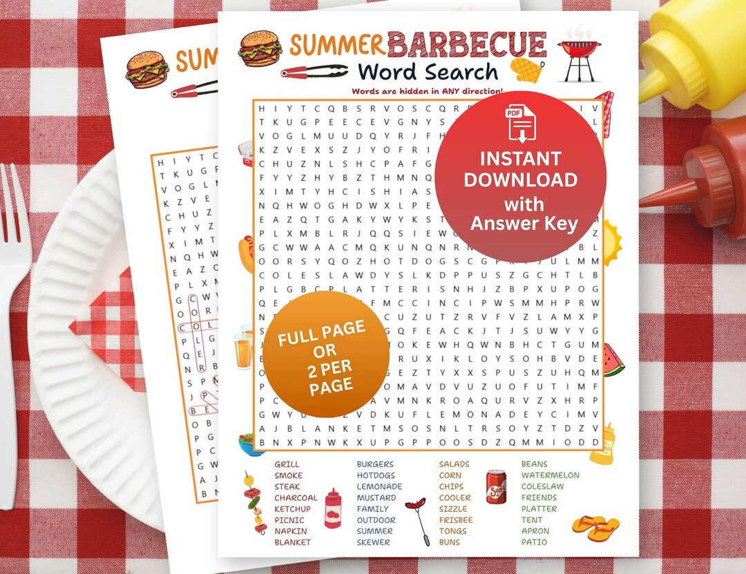 Summer Barbecue Word Search Puzzle, Family Cookout Game, Barbecue ...