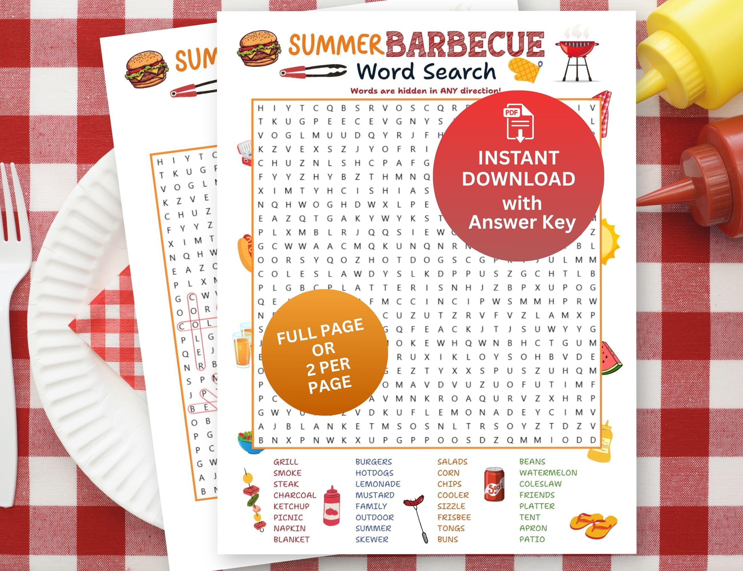 Summer Barbecue Word Search Puzzle, Family Cookout Game, Barbecue ...