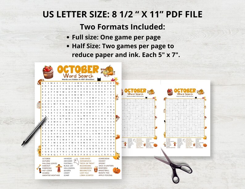October Word Search Puzzle, Fall Word Hunt Activity for Kids Adults ...