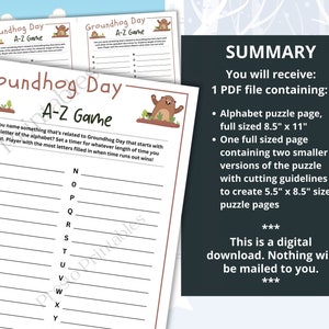 Printable Groundhog Day A to Z Alphabet Game, Classroom Homeschool ...