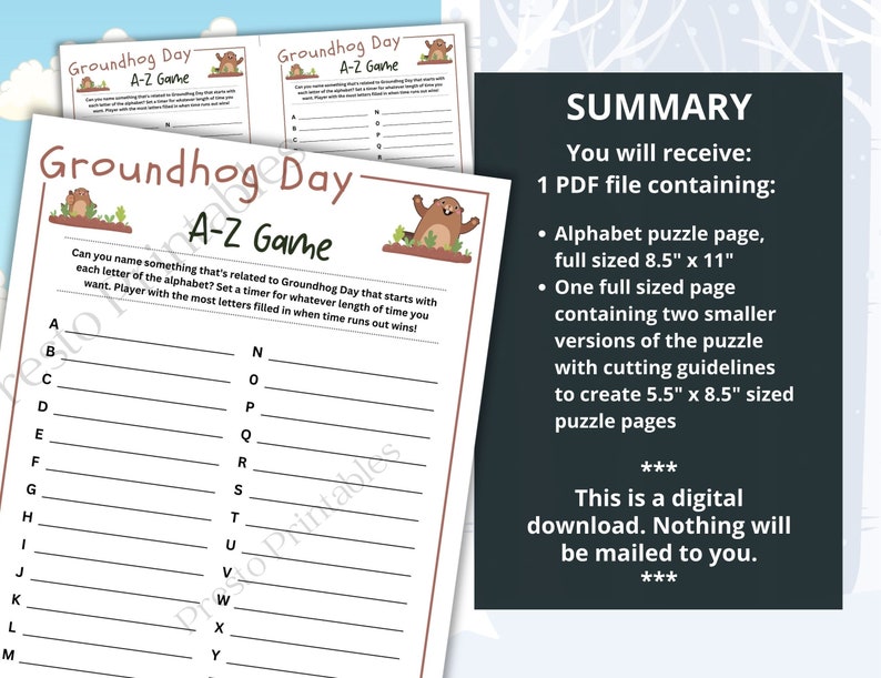 Printable Groundhog Day A to Z Alphabet Game, Classroom Homeschool ...