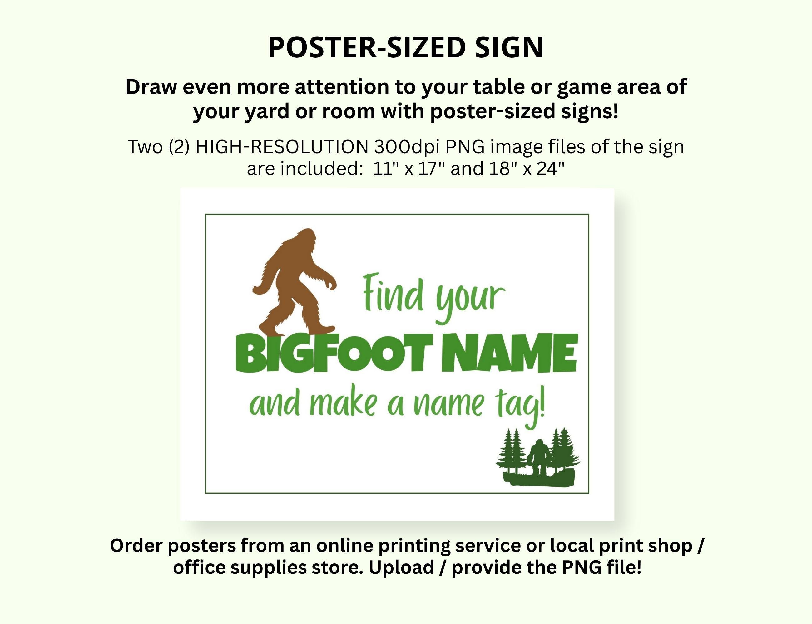What's Your Bigfoot Name Game + Name Tags + Sign, Bigfoot Theme ...