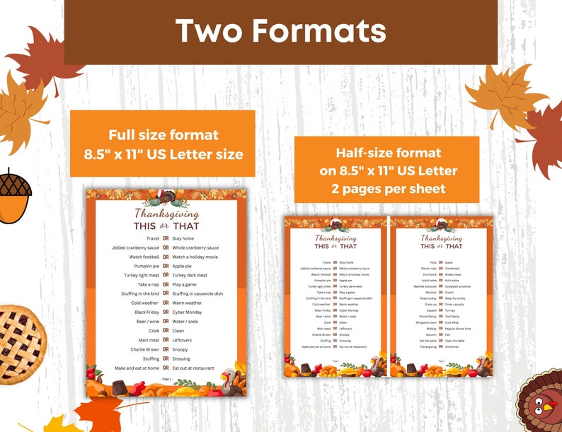 Thanksgiving Kid Adult Printable This or That Game, Turkey Day ...