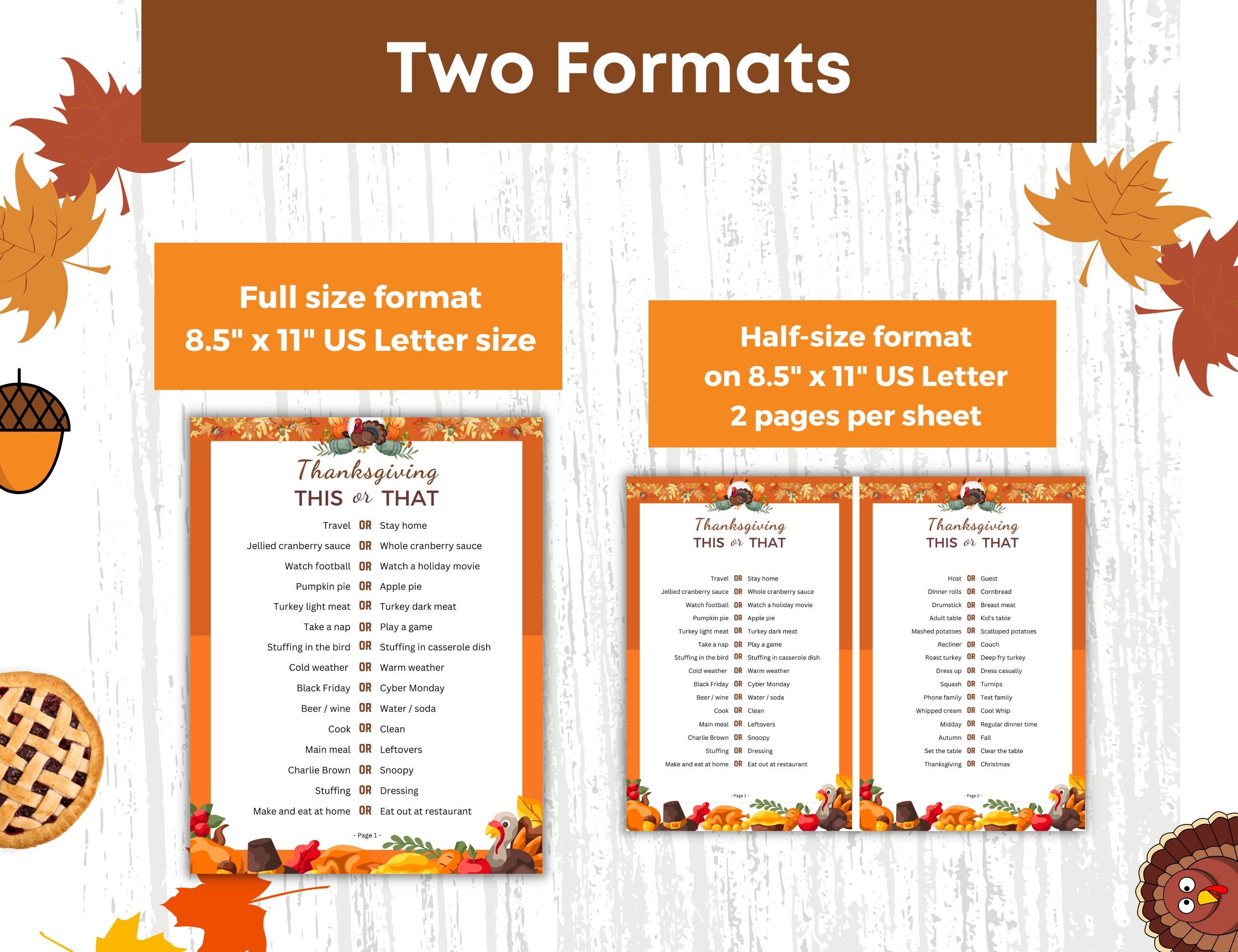 Thanksgiving Kid Adult Printable This or That Game, Turkey Day ...