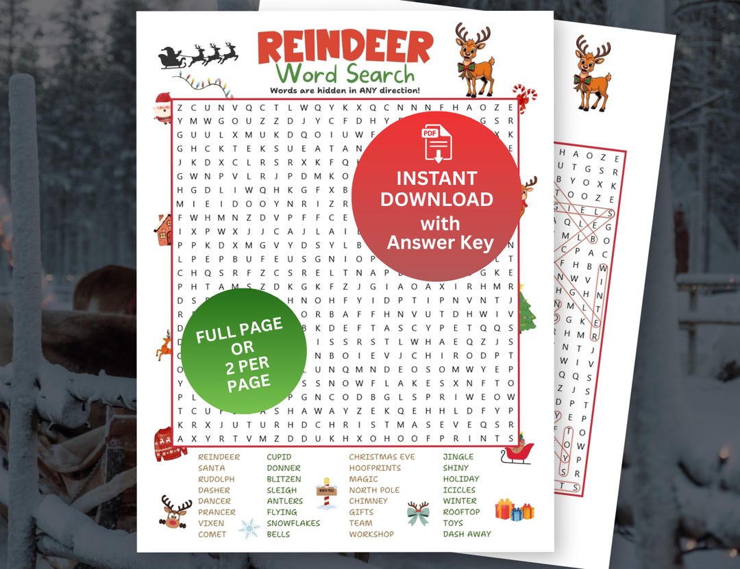 Christmas Word Search Puzzle, Reindeer Names Word Search Game, Reindeer ...