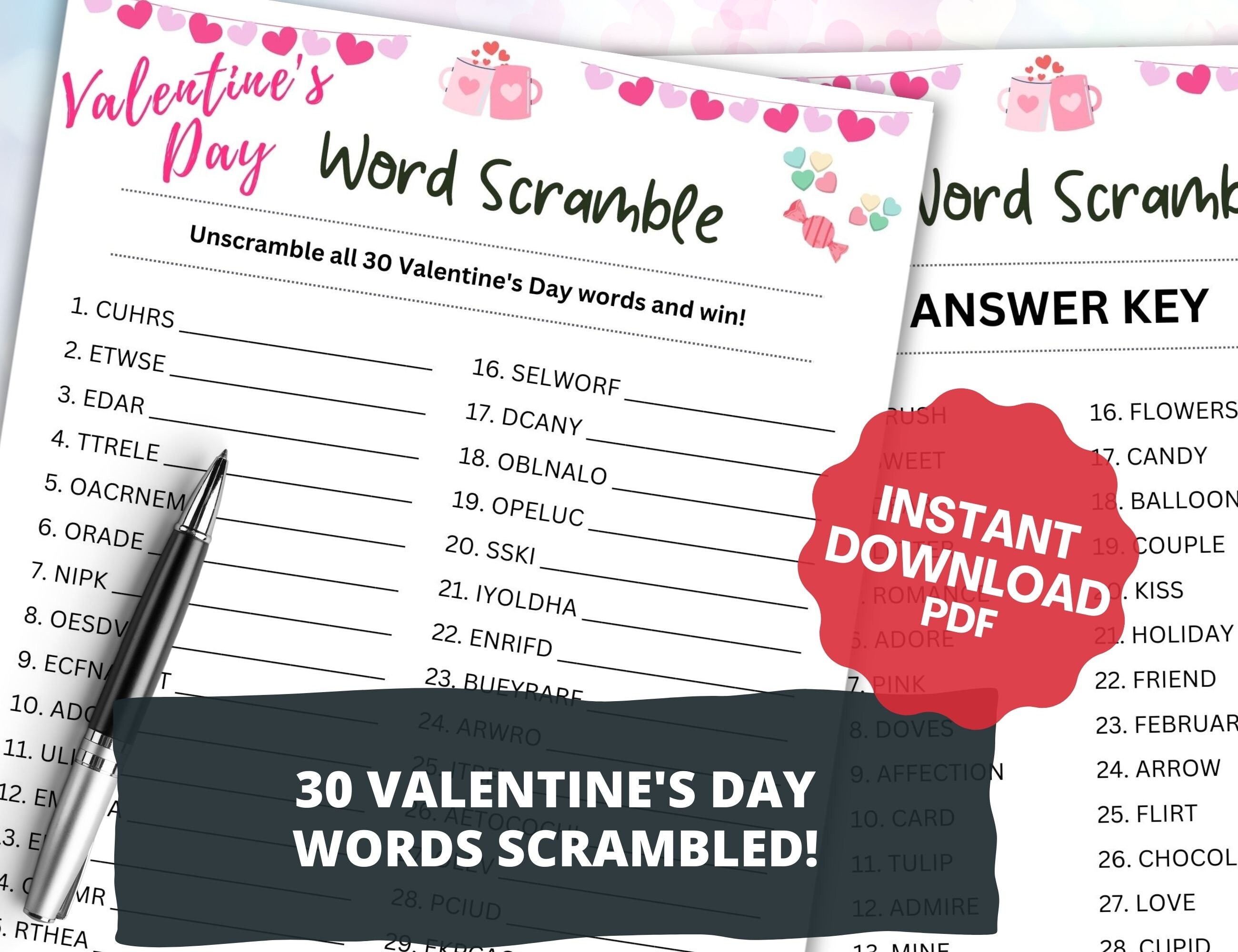 Printable Valentine's Day Word Scramble Game, Classroom Homeschool ...