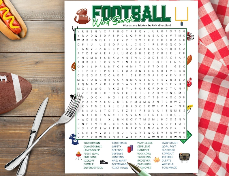 Football Word Search Puzzle, Fall Winter Word Find Activity, Football ...